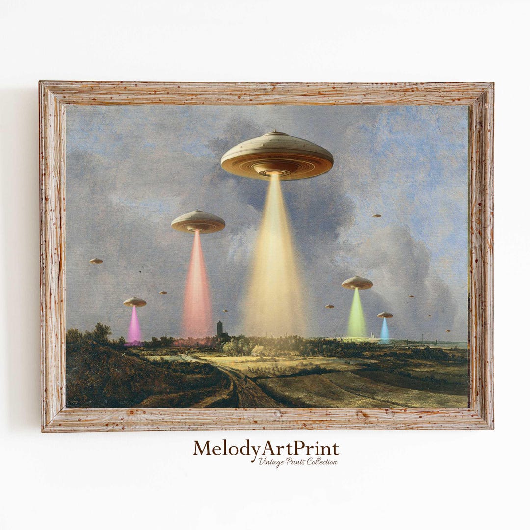 Altered Vintage Landscape Print, Alien Abduction, Spaceship, Funny ...