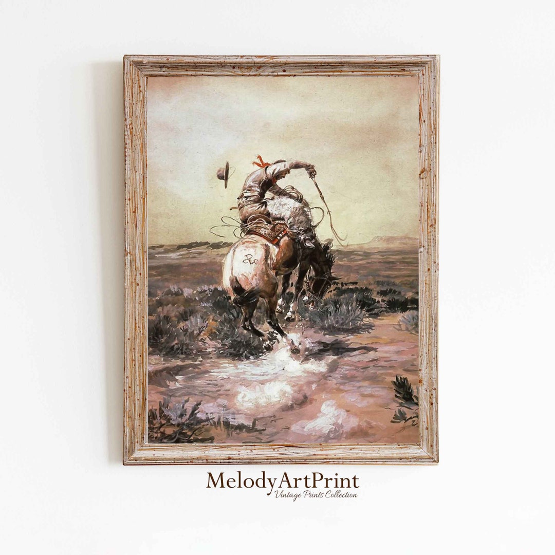 Cowboy Printable Vintage Painting Art, Horse Rider Print, Rustic ...