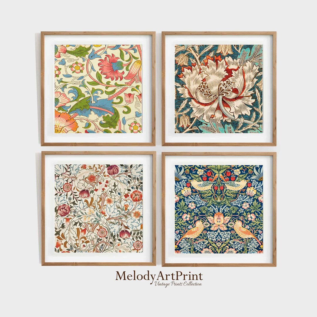 Set of 4 William Morris Square Prints, Art Nouveau Decor, Botanical Print, Flower Poster, Home ...