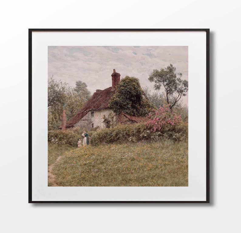 Square Cottage Landscape Print, Vintage Garden Wall Decor (digital ...