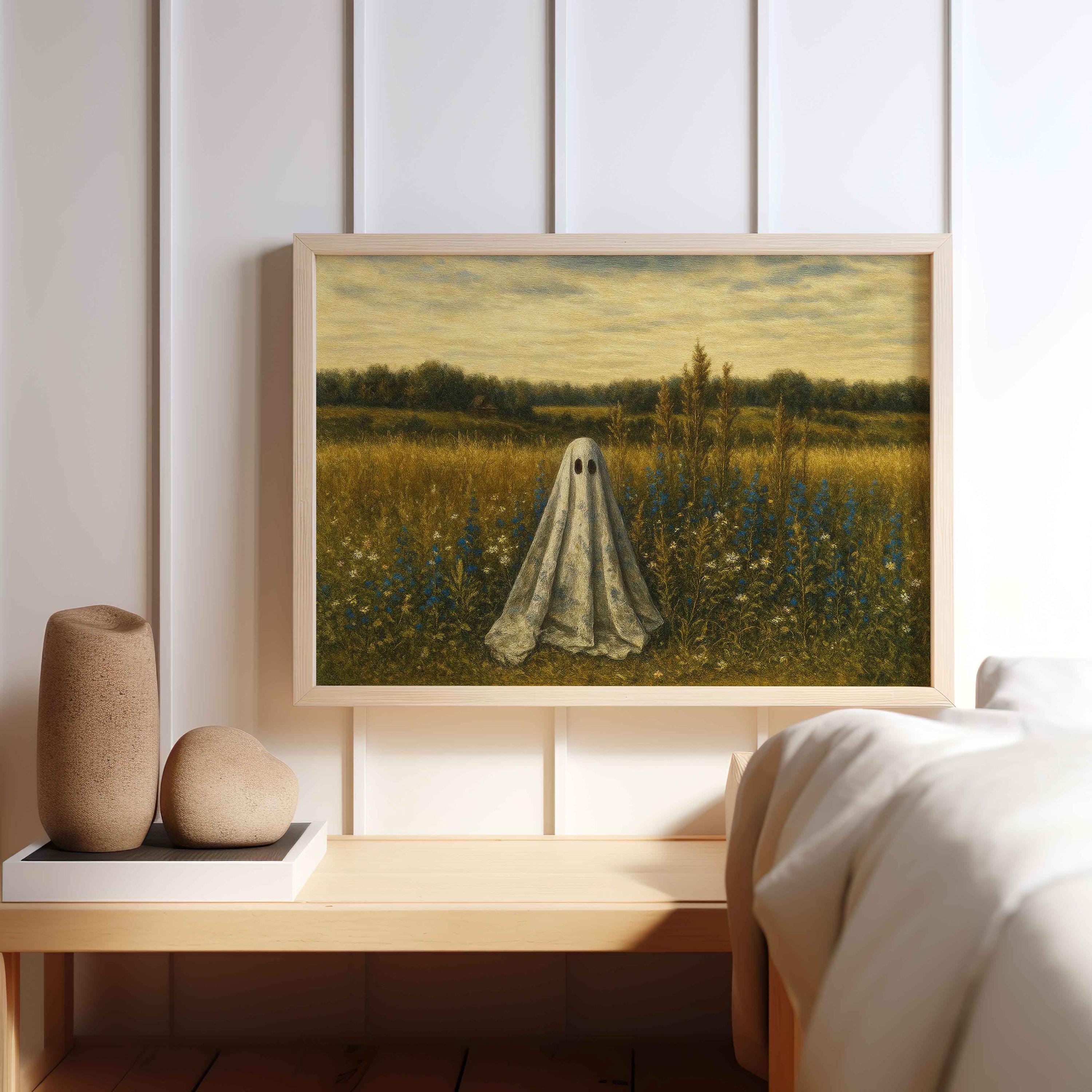 Ghost in Meadow Vintage Halloween Art Print | Spooky Autumn Decor ...