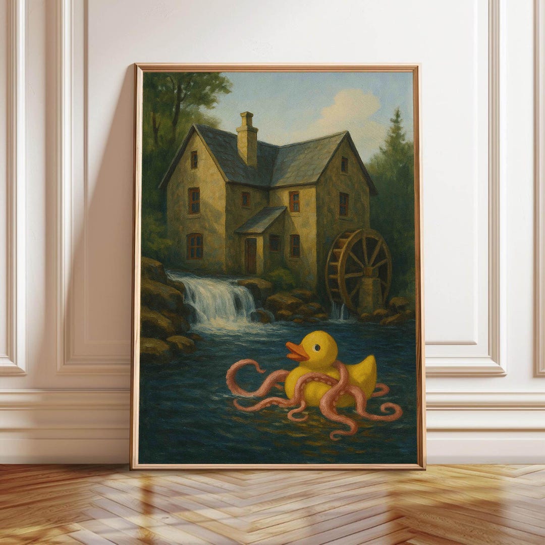 Yellow Rubber Duck Vs Octopus Digital Print, Surreal Altered Vintage ...
