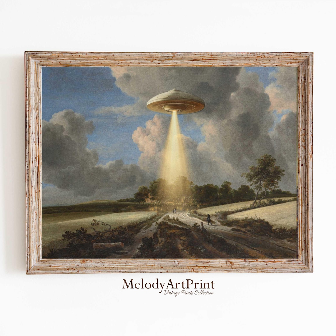 Altered Vintage Landscape Print, Alien Abduction, Spaceship, Funny ...
