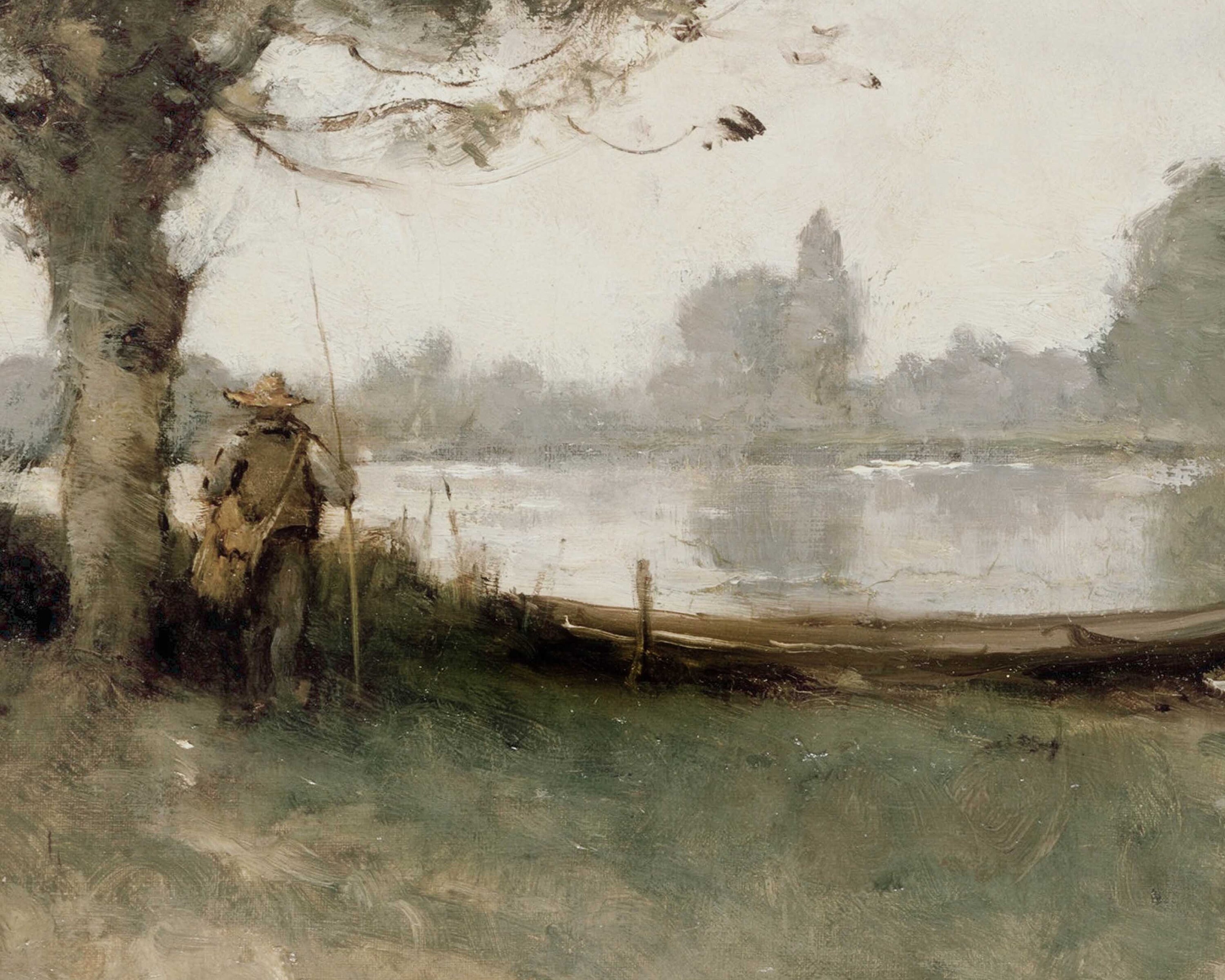 Muted Green Landscape Art Print Riverside Painting Soft Tones Printable ...