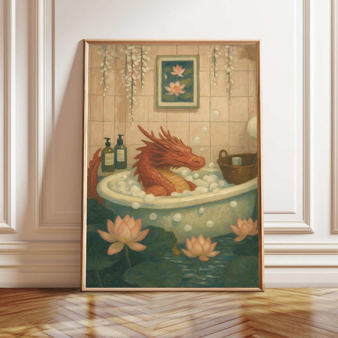 Funny Dragon Bathroom Art Print: Whimsical Bathtub Decor (digital ...