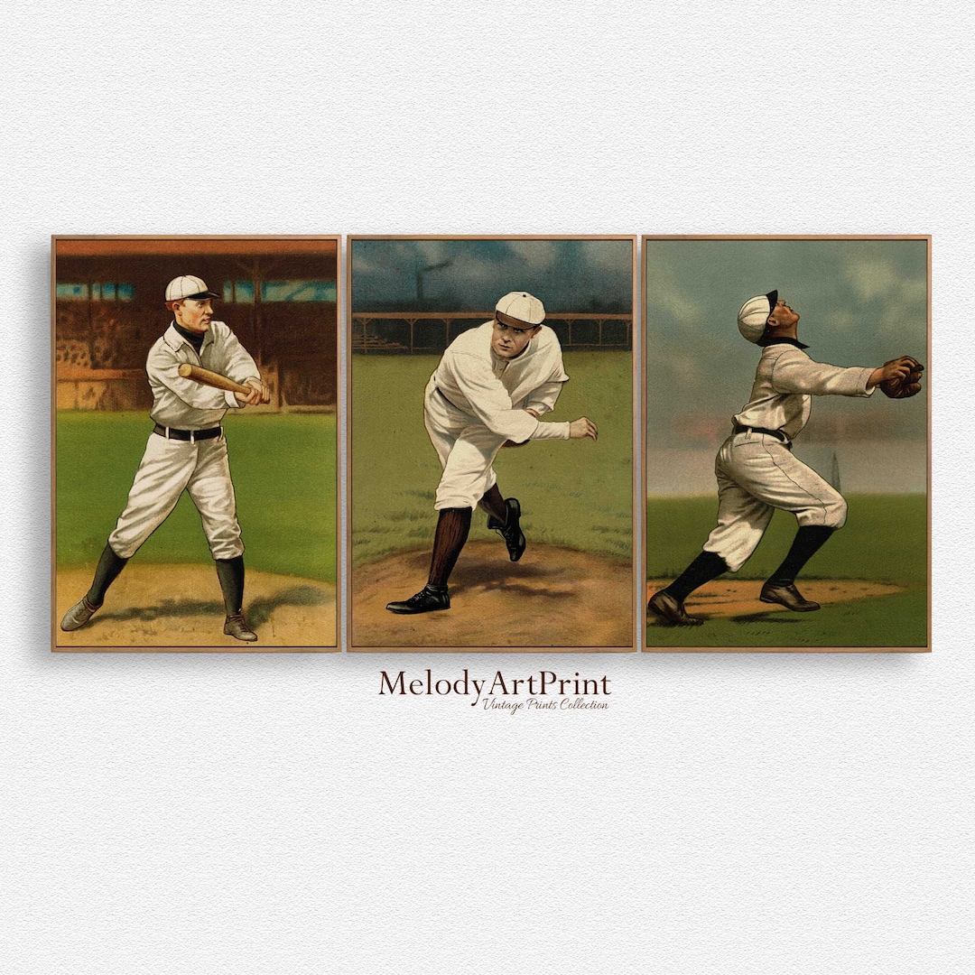 Baseball Set of 3 Prints, Baseball Player 3 Pieces Vintage Wall Art ...