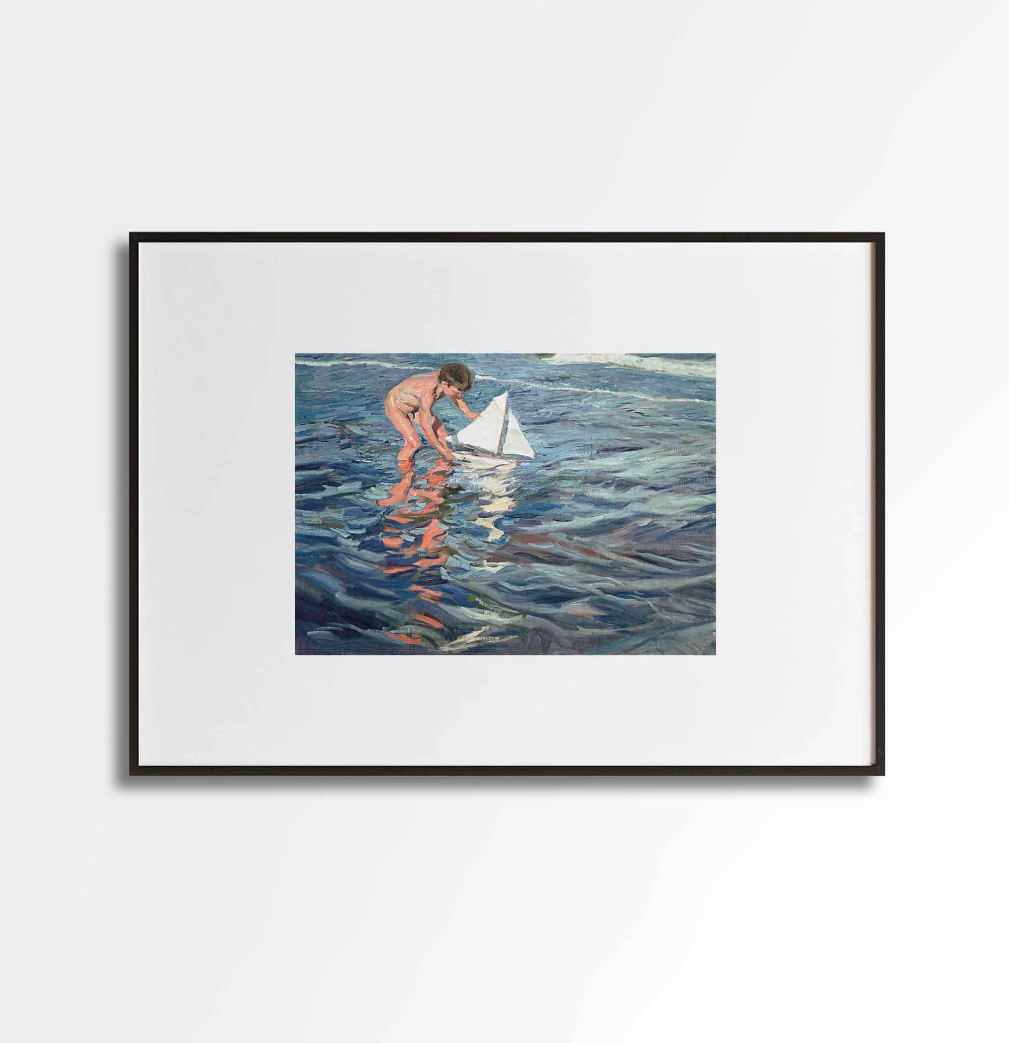 Boy Beach Sea Boat Vintage Painting Boys Bedroom Print Coastal Wall Art ...