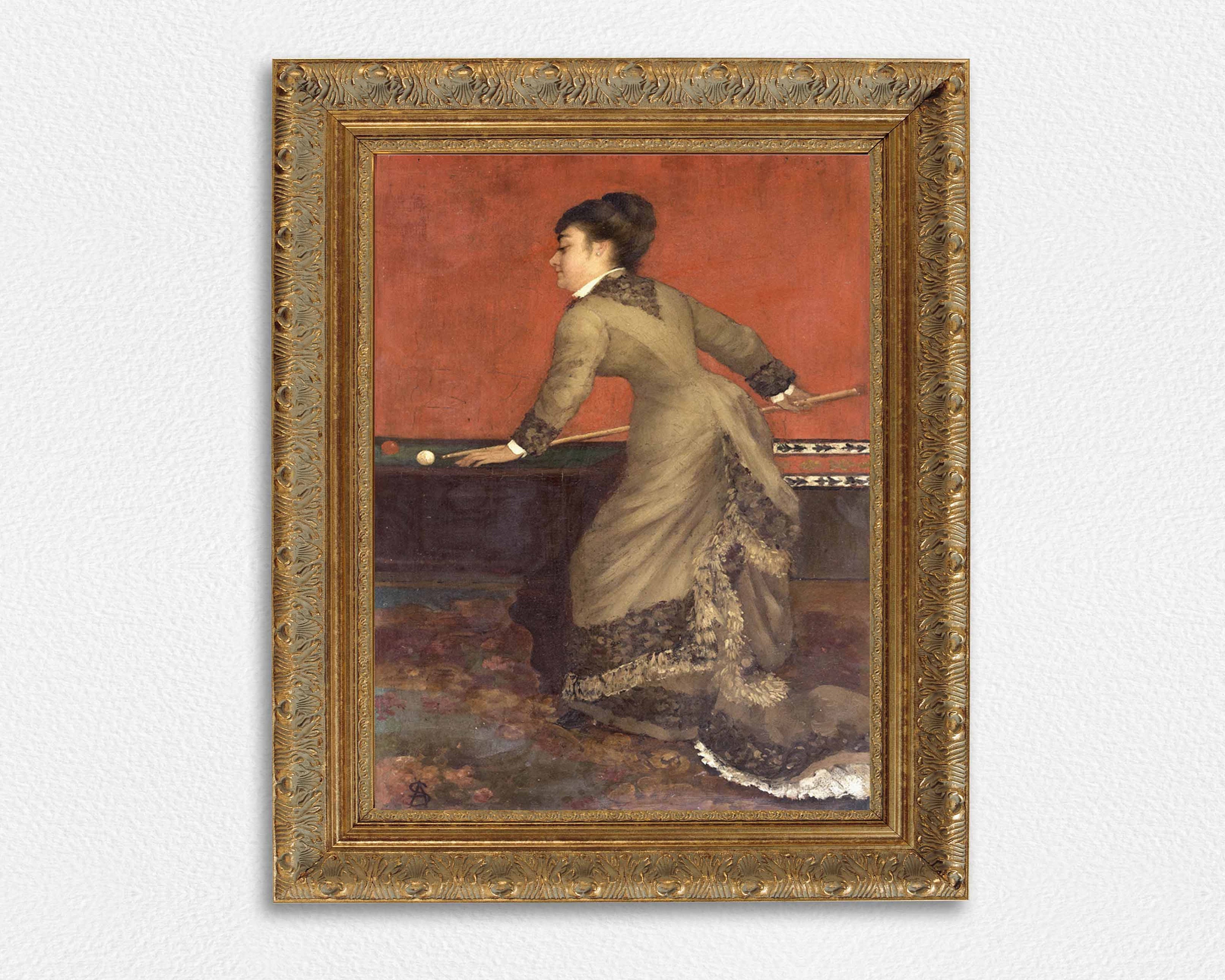 Woman Playing Billiards Vintage Painting, Vintage Print Game Room Wall ...