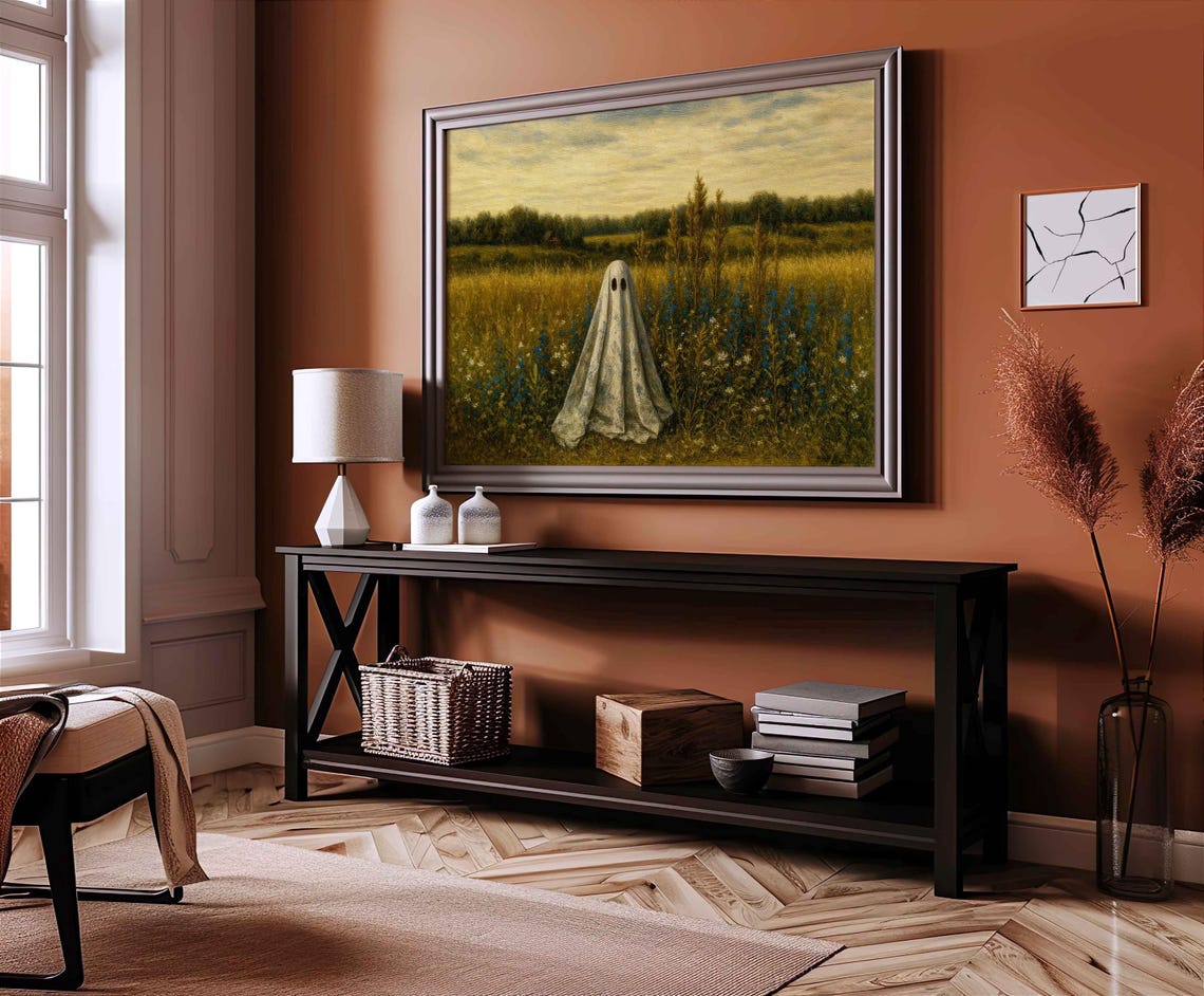 Ghost in Meadow Vintage Halloween Art Print | Spooky Autumn Decor ...
