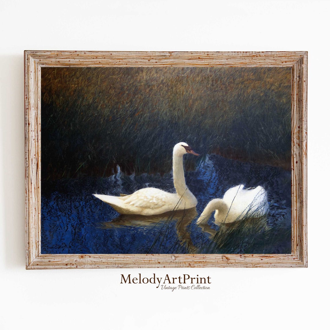 Vintage Swan Painting, Printable Two Swans in Lake, Vintage Kitchen ...
