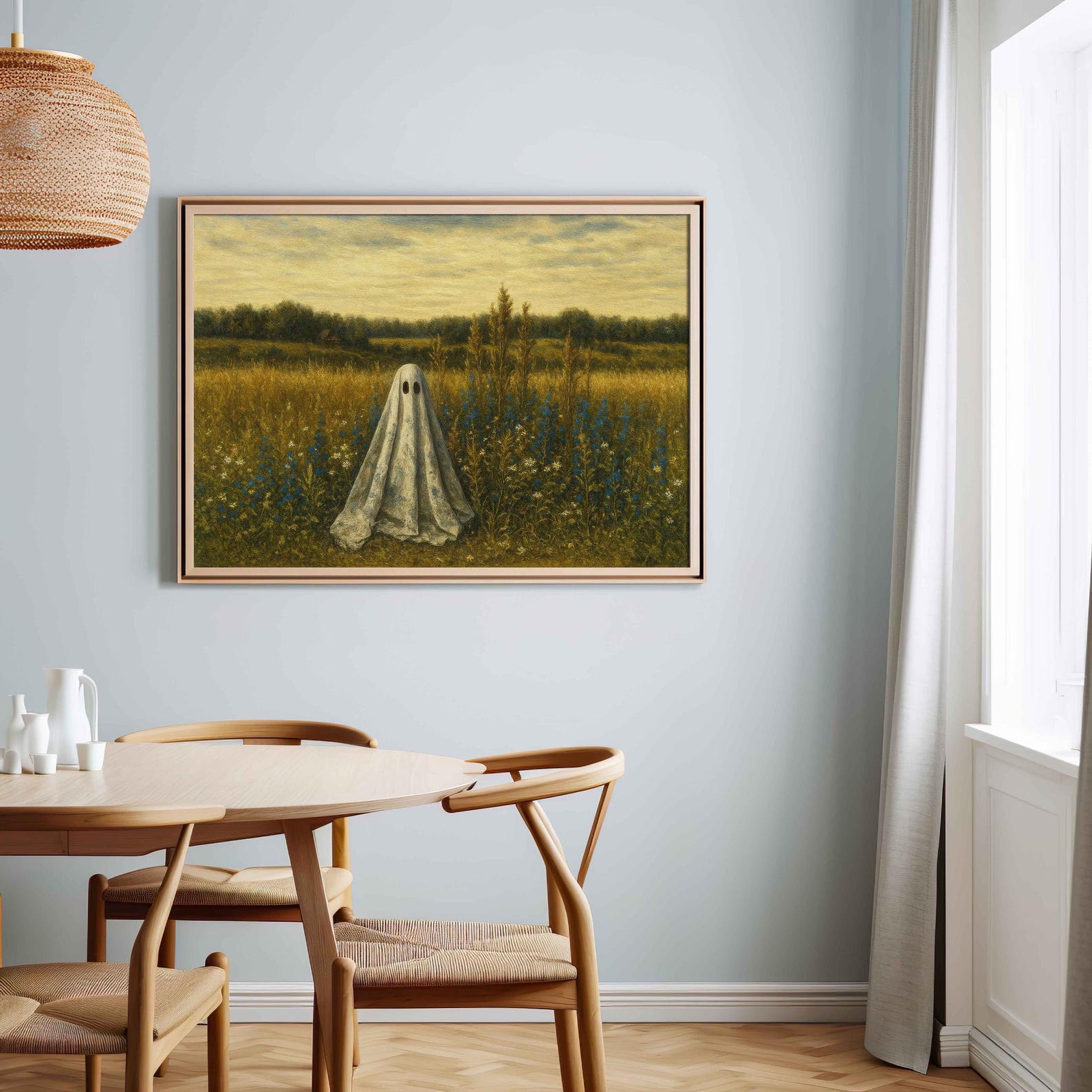 Ghost in Meadow Vintage Halloween Art Print | Spooky Autumn Decor ...
