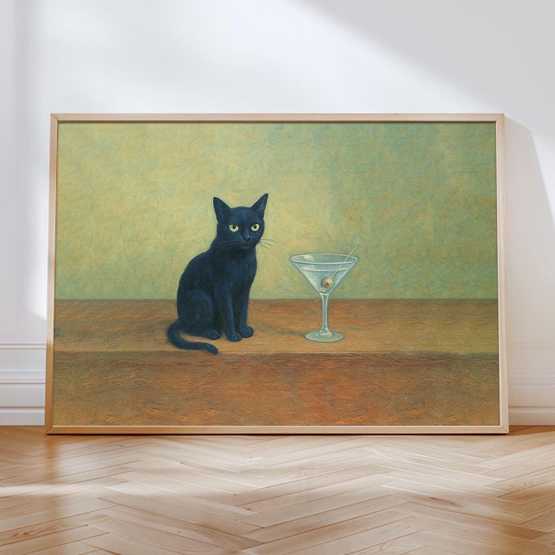 Black Cat Martini Art Print: Whimsical Cocktail Bar Cart Decor (digital ...