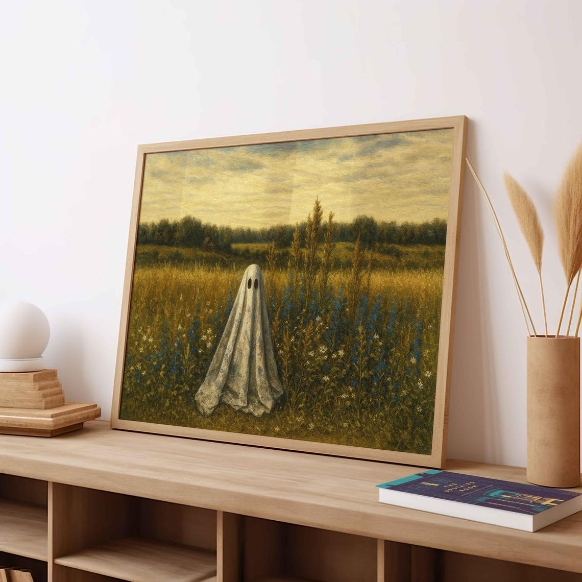 Ghost in Meadow Vintage Halloween Art Print | Spooky Autumn Decor ...