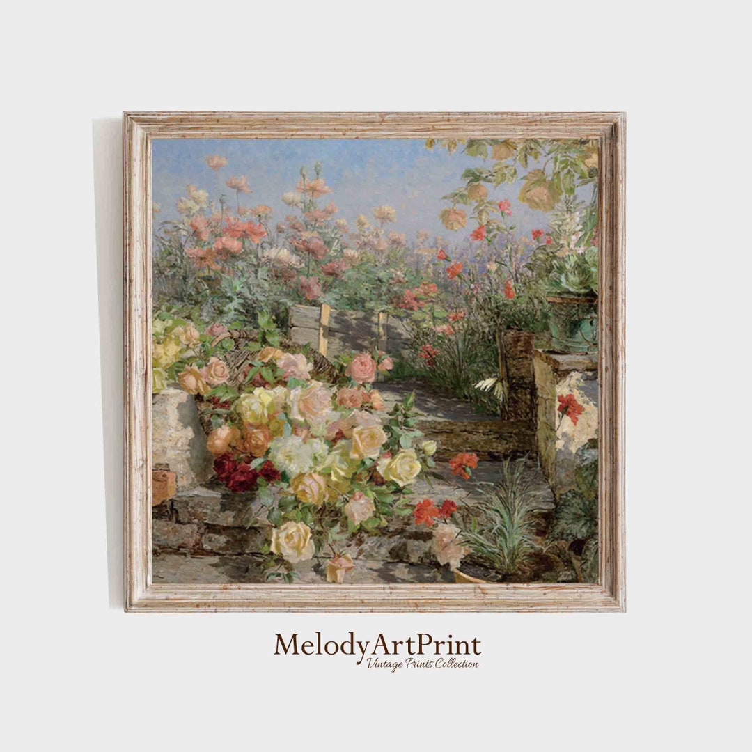 Roses Garden Oil Painting, Square Printable, Vintage Landscape Square ...