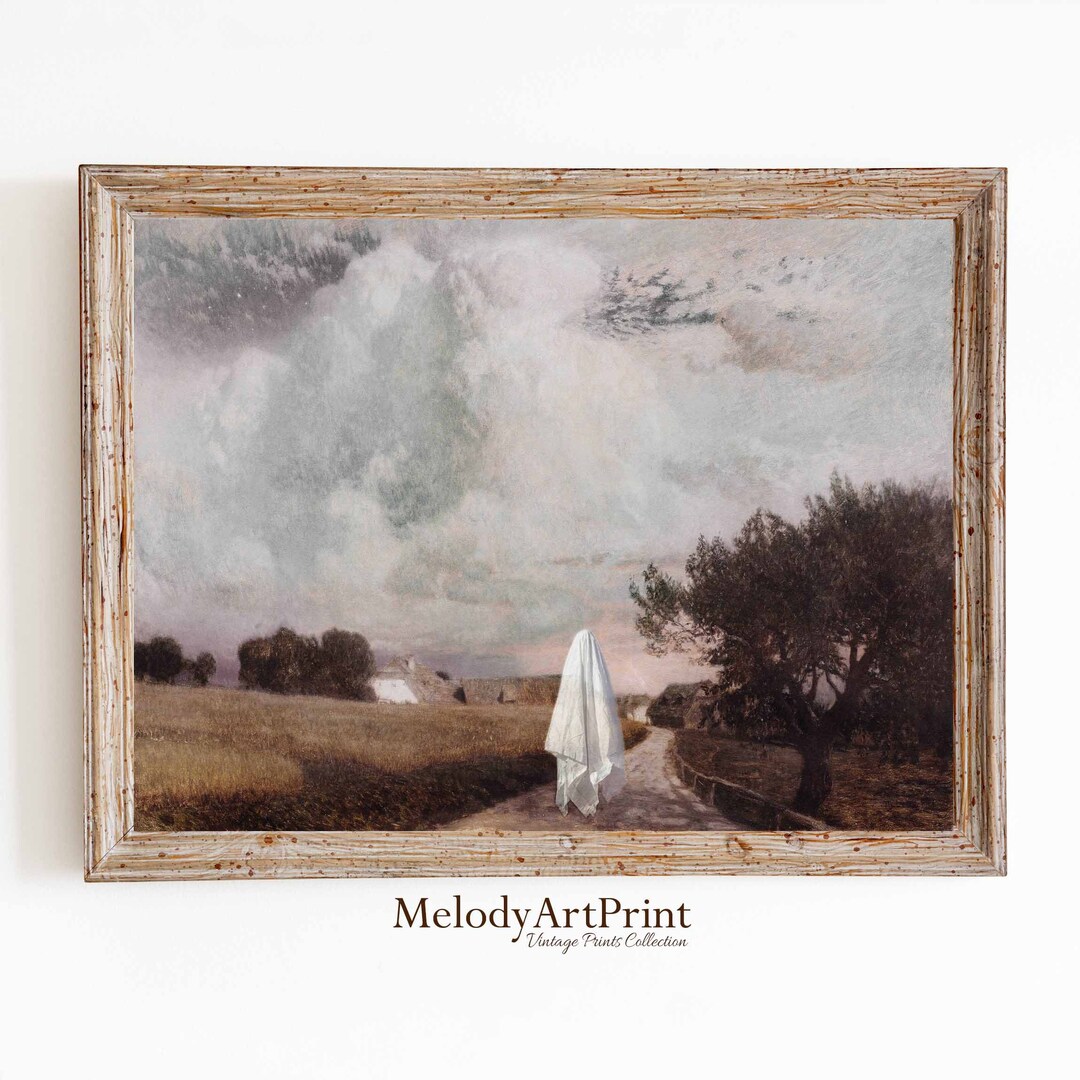 Vintage Halloween Ghost Landscape Painting, Spooky Wall Art (digital ...