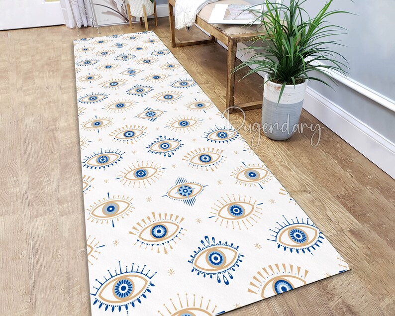 Evil Eye Themed Hallway Runner Rug, Line Art Carpet, Hamsa Eye Rug ...