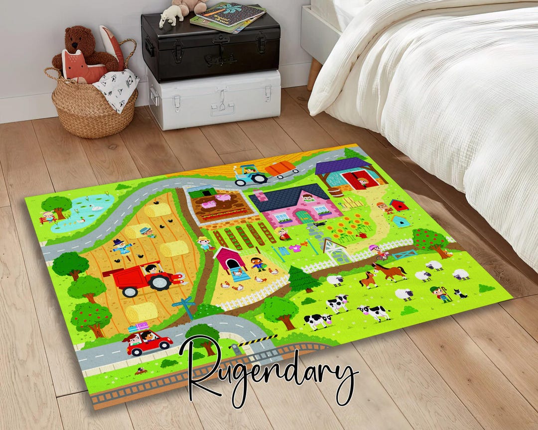 Farm Rug, Kids Room Carpet, Nursery Mat, Cute Animal Themed Farm Rug ...