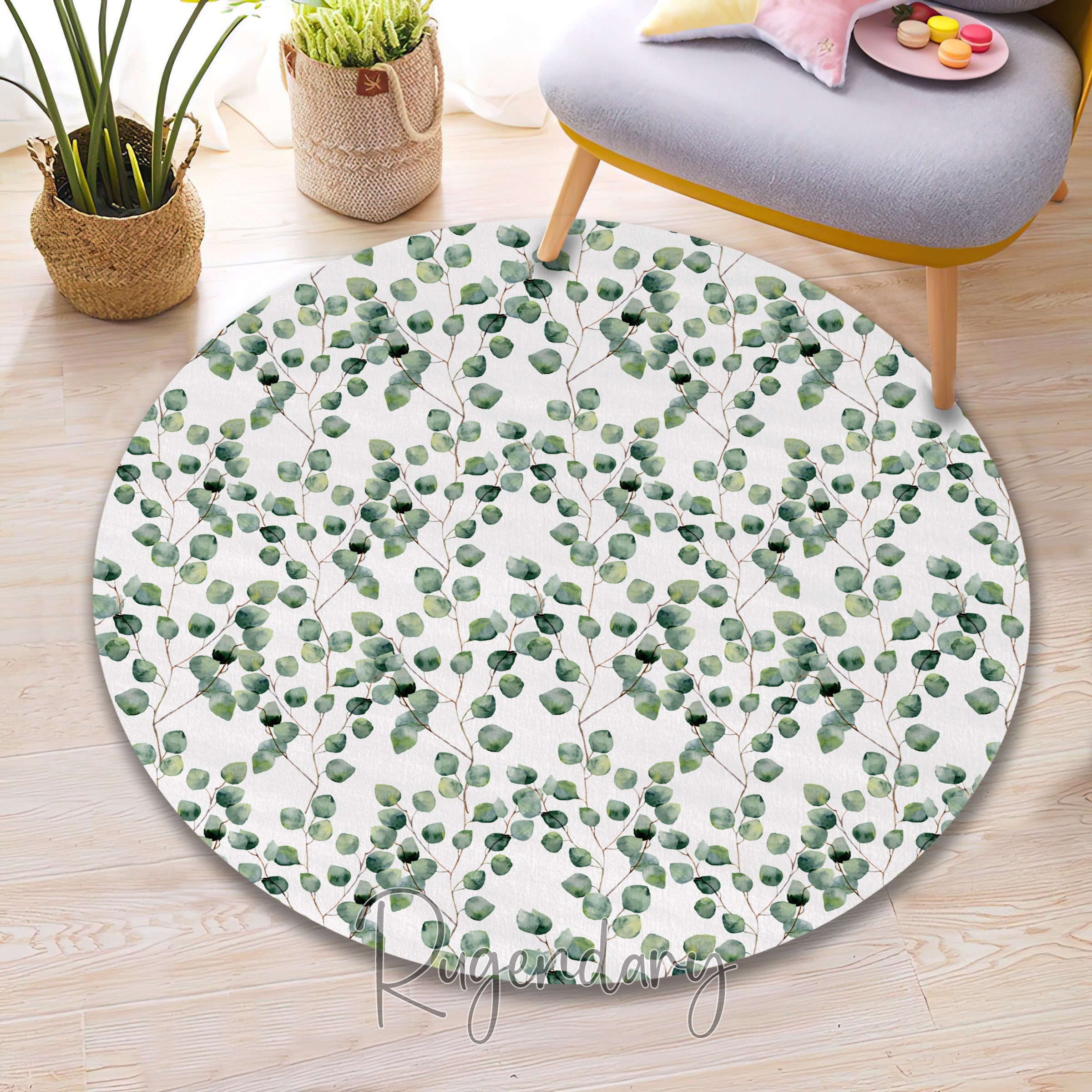 Watercolor Green Eucalyptus Leaves Themed Floral Area Rug, Botanic ...