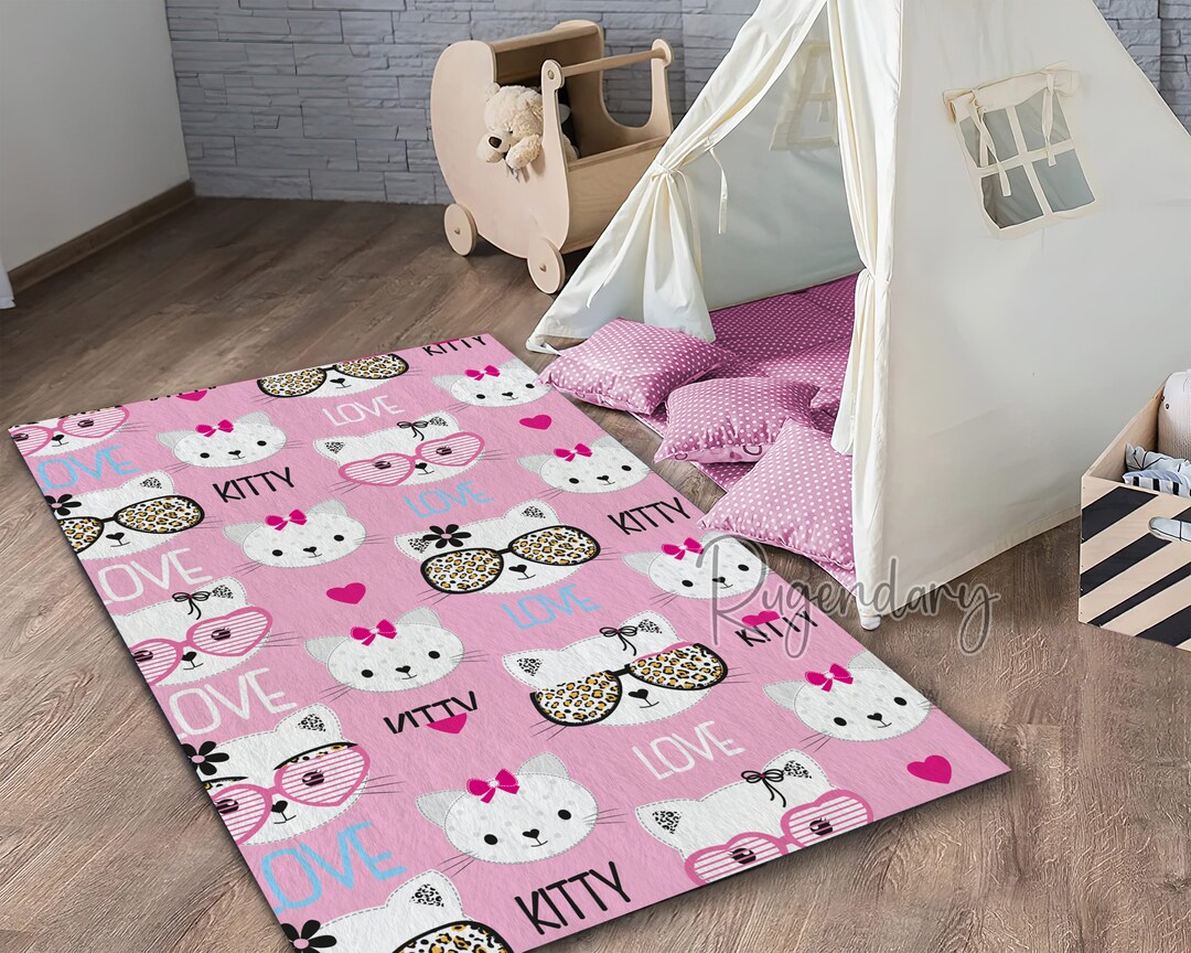 Pink Color Kitty Cat Love Themed Girl Room Rug, Cute Cat Baby Room Play ...