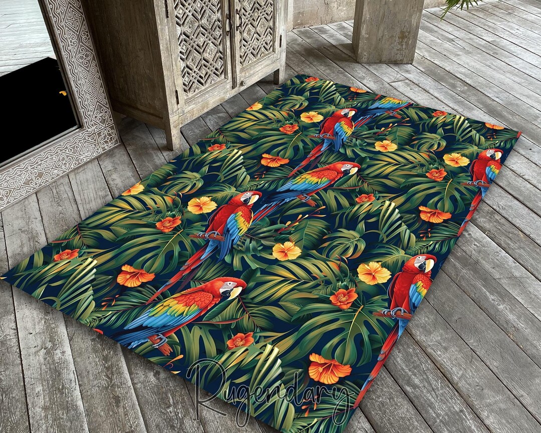Parrot and Leaf Rug, Floral Carpet, Tropical Decor, Flower Mat ...