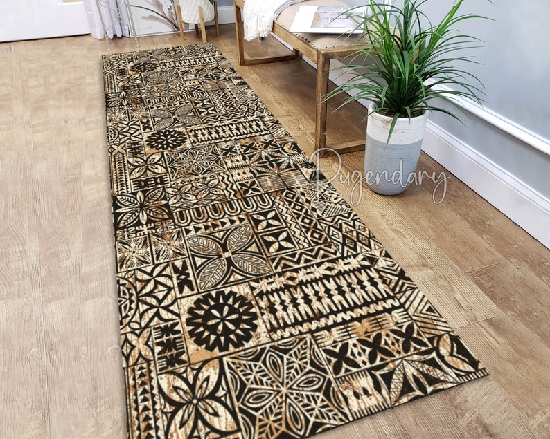 Hawaiian Style Tapa Motif Rug, Tribal Runner Rug, Ethnic Decor, Machine ...
