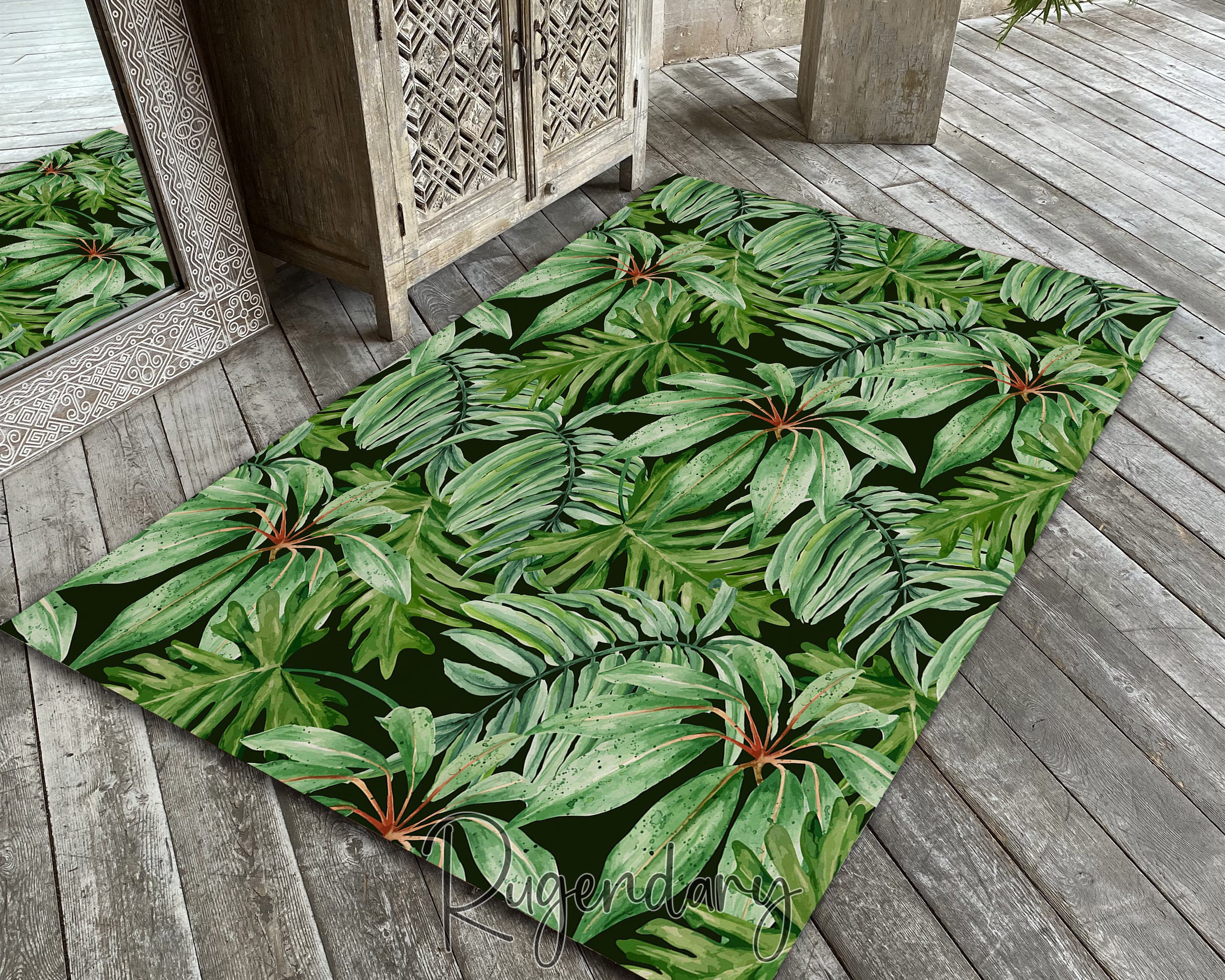 Green Palm Leaves, Tropical Decor, Botanic Mat, Coastal Sea Carpet ...