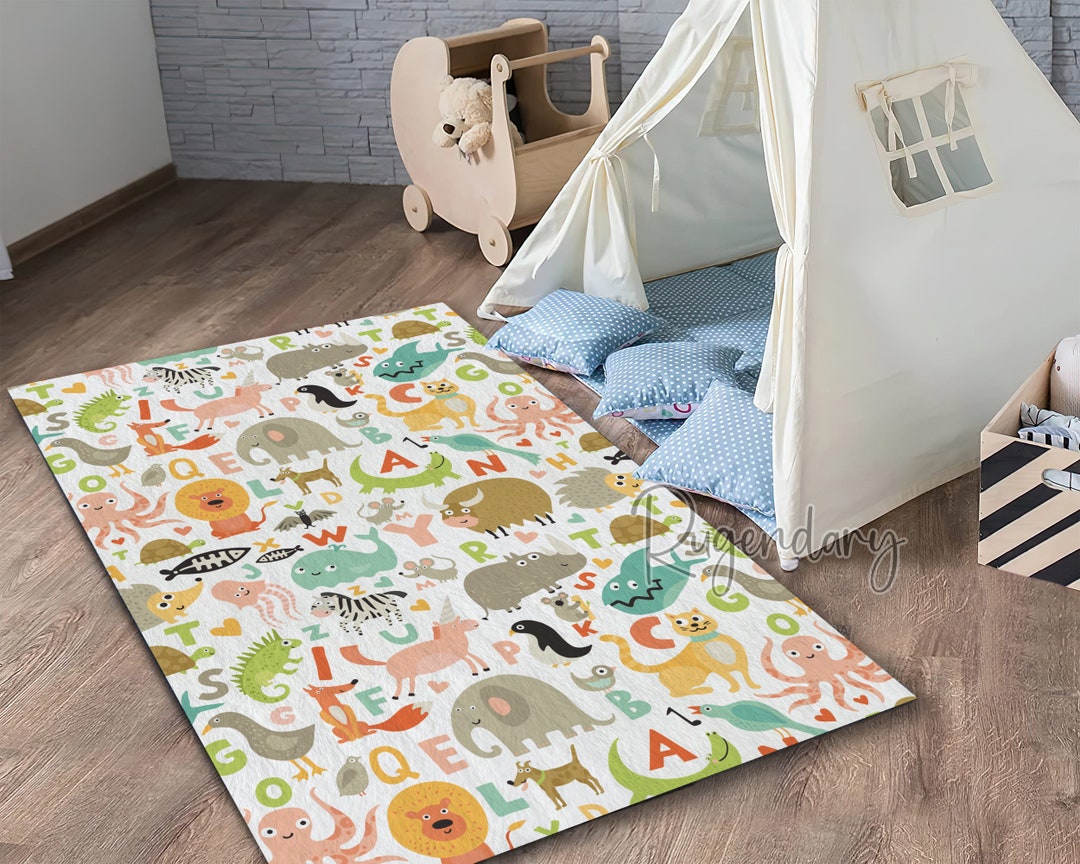 Animal Alphabet Themed Educational Nursery Rug, Soft Children Room ABC ...