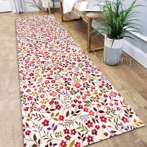 Red Meadow Flower Pattern Boho Runner Rug, Kitchen Carpet, Floral ...
