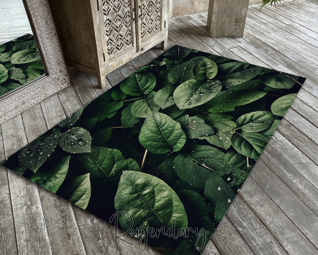 Green Leaf Rug, Nature Carpet, Leaf Pattern Decor, Living Room Mat ...