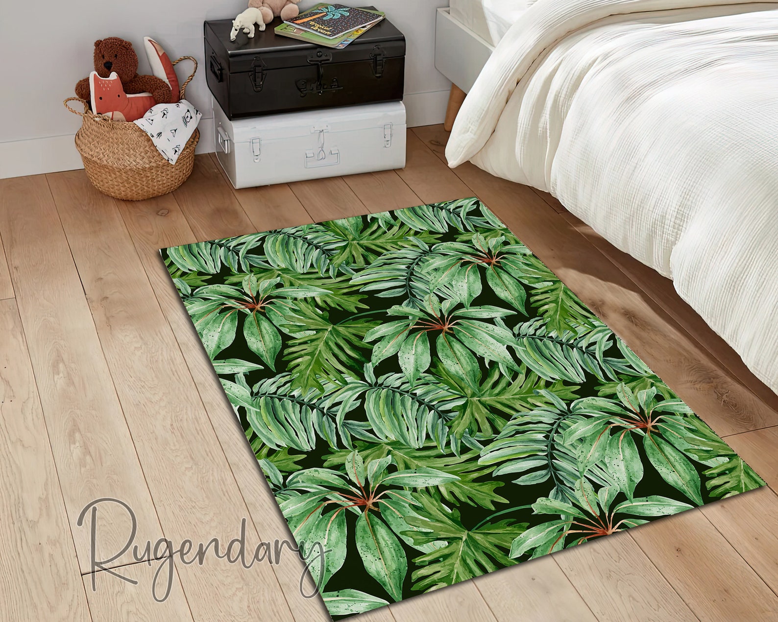 Green Palm Leaves, Tropical Decor, Botanic Mat, Coastal Sea Carpet ...