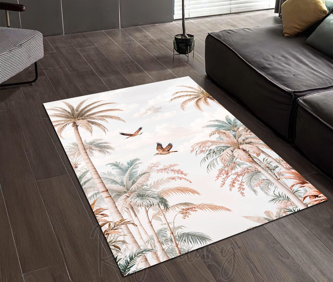 Tropical Palm Tree Rug, Birds and Nature Carpet, Beach Style Area Rug ...