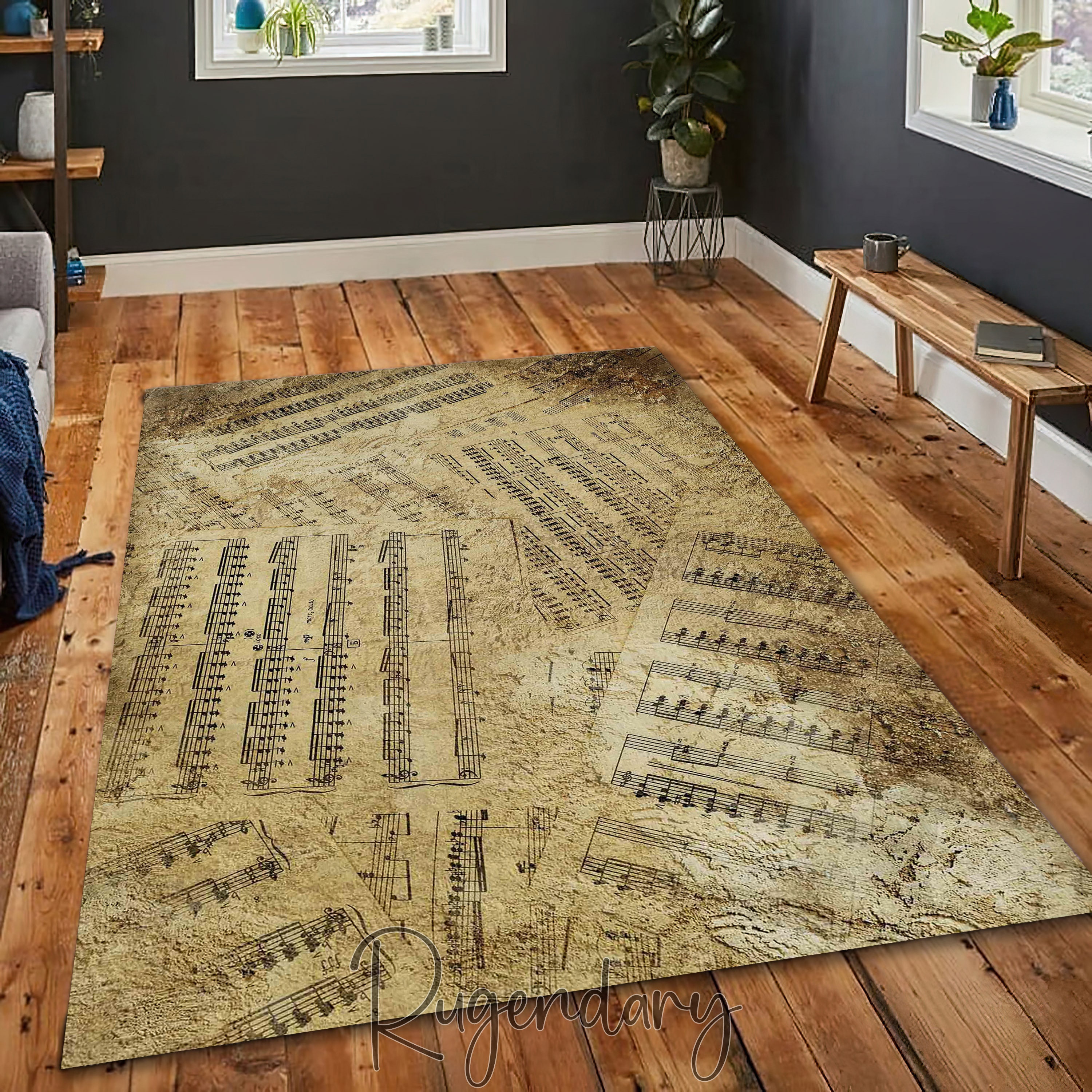 Retro Style Music Rug, Musical Notes Carpet, Music Room Mat, Musician ...