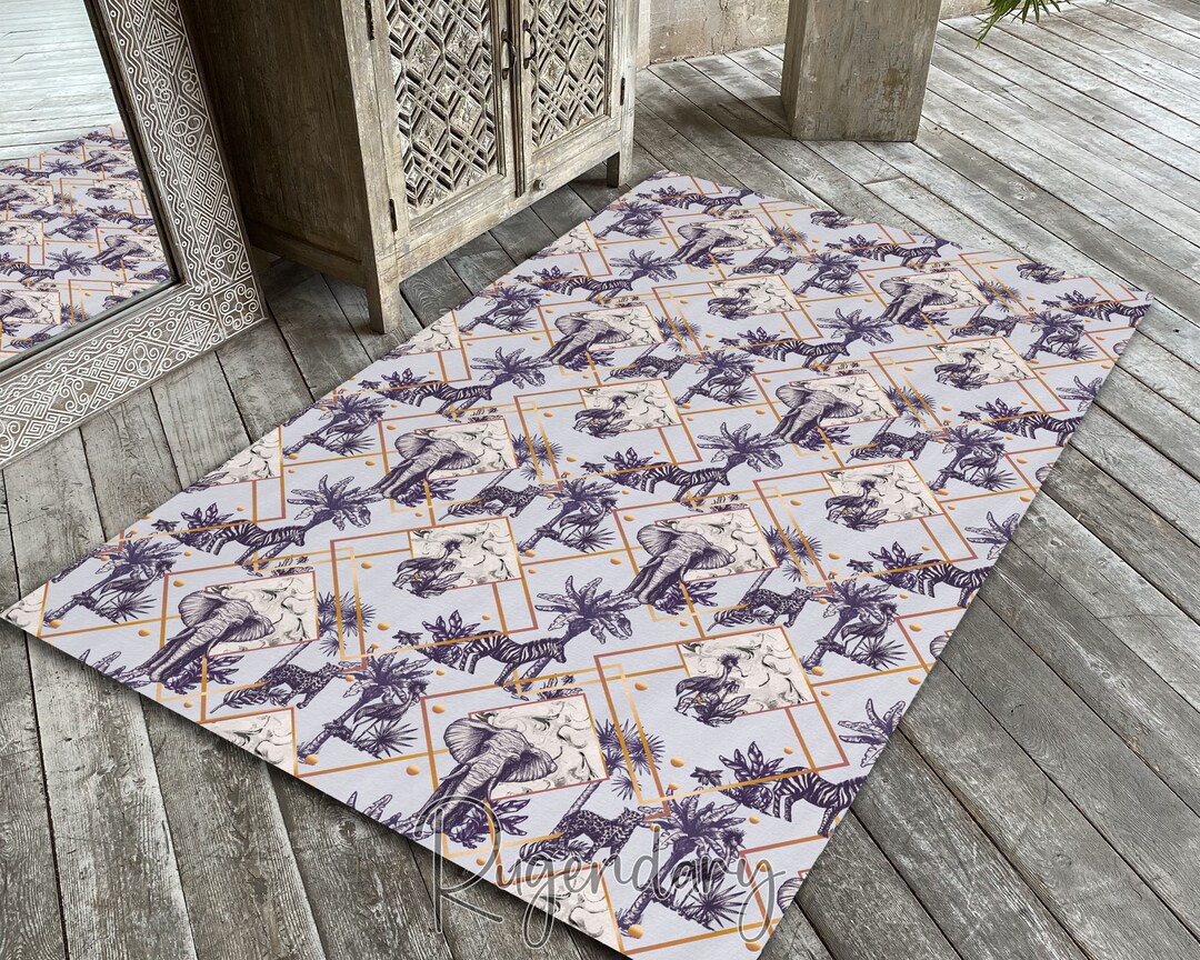 Gold Color Aesthetic Rug, Jungle Animals Rug, Tropical Leaves Rug ...