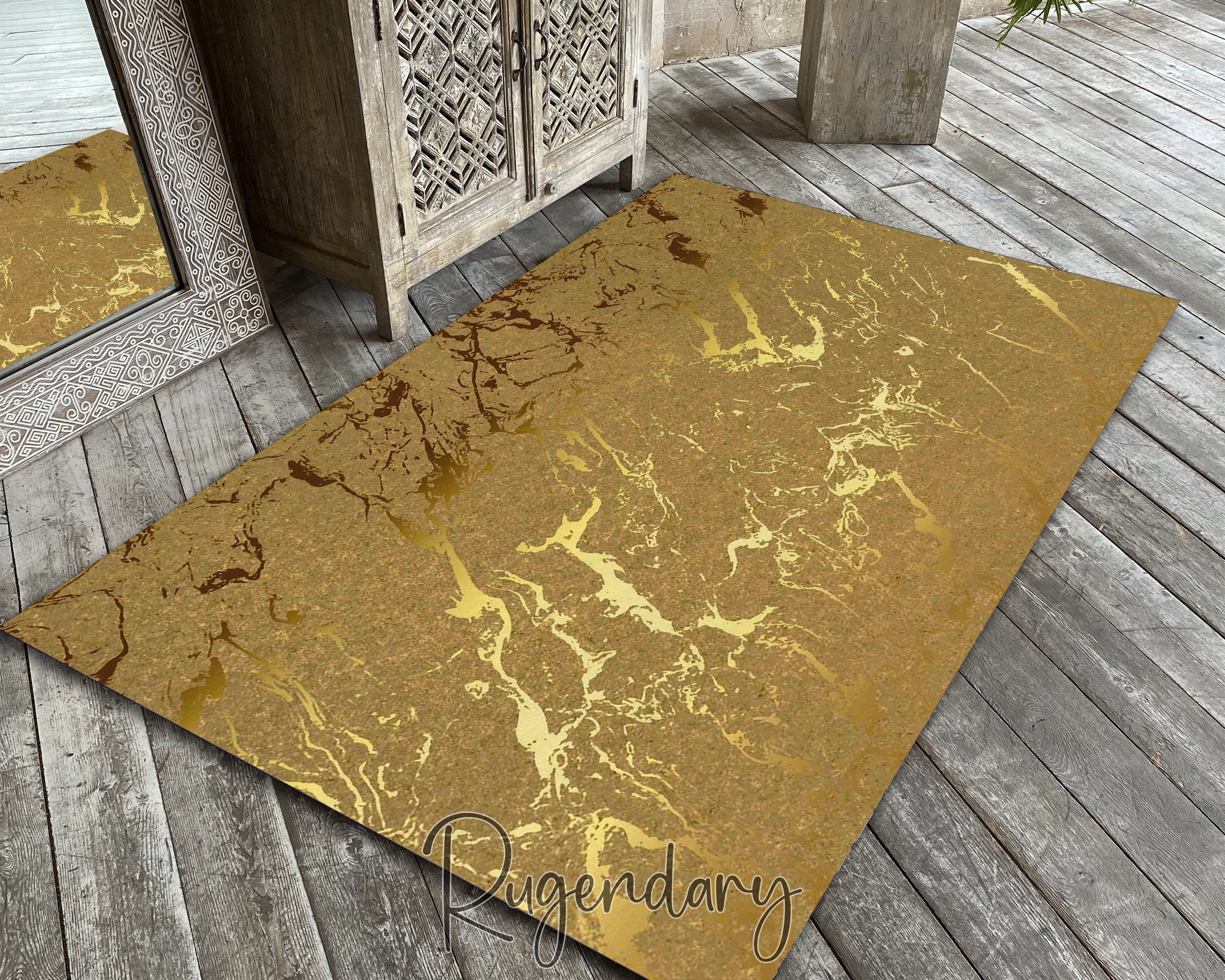 Gold Marble Patterned Rug, Living Room Carpet, Modern Kitchen Area Mat ...