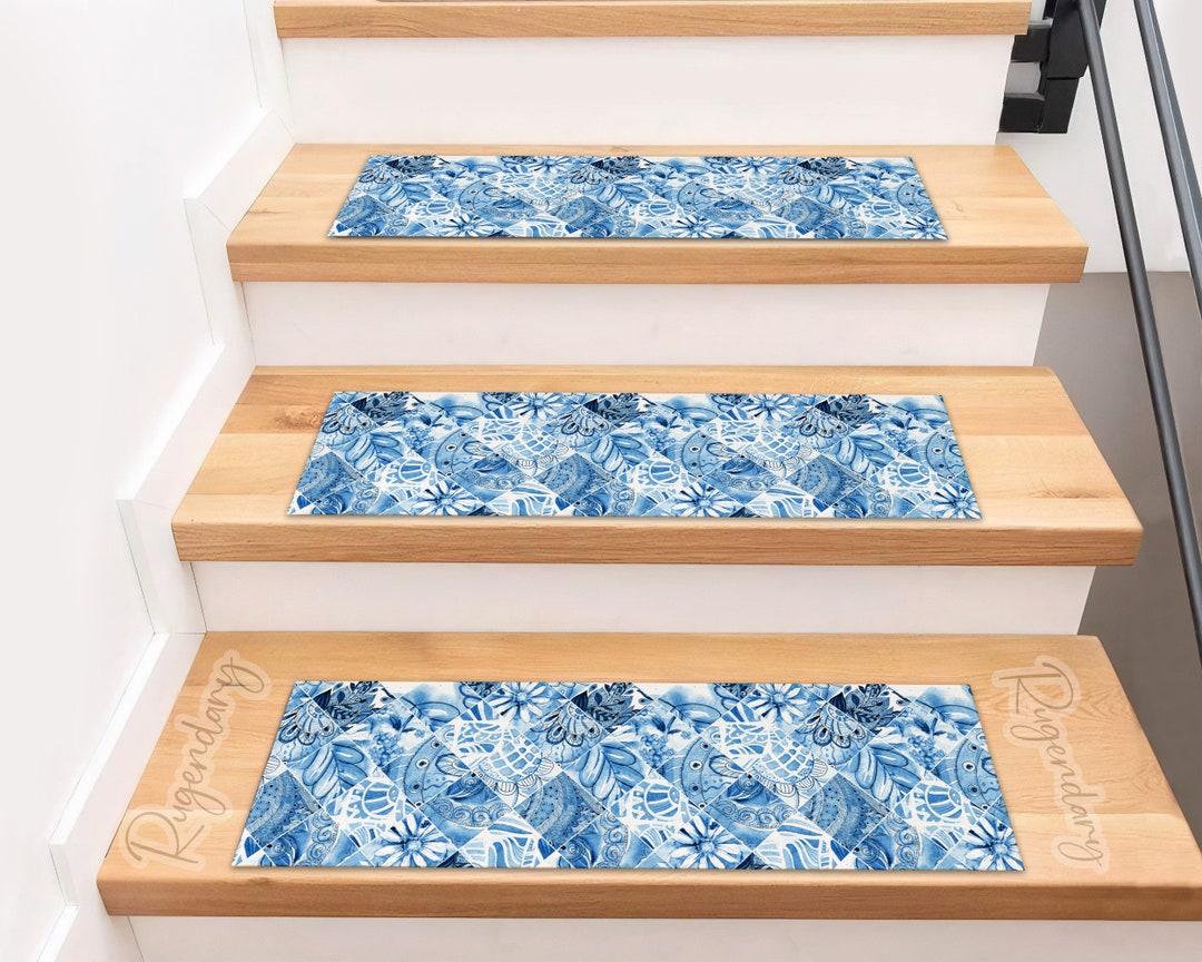 Blue Boho Stair Rug, Ceramic Tile Pattern Stair Treads Carpet, Nonslip ...