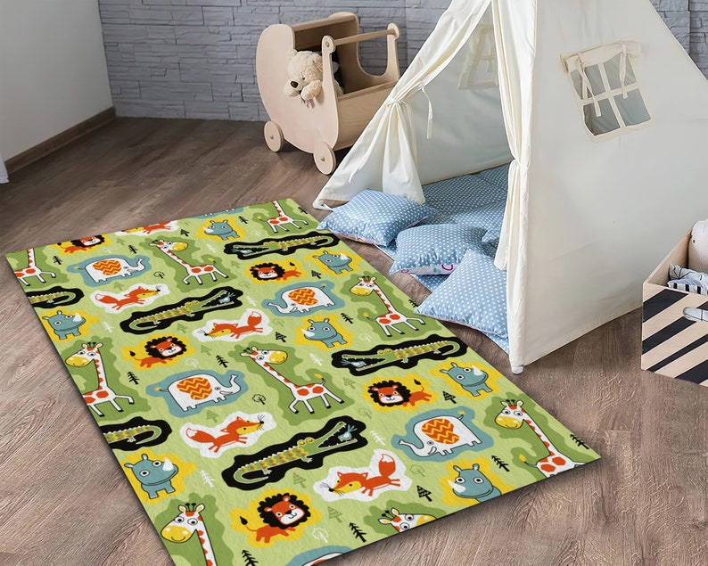 Zoo Safari Animal Pattern Green Color Children Room Rug Baby - Etsy