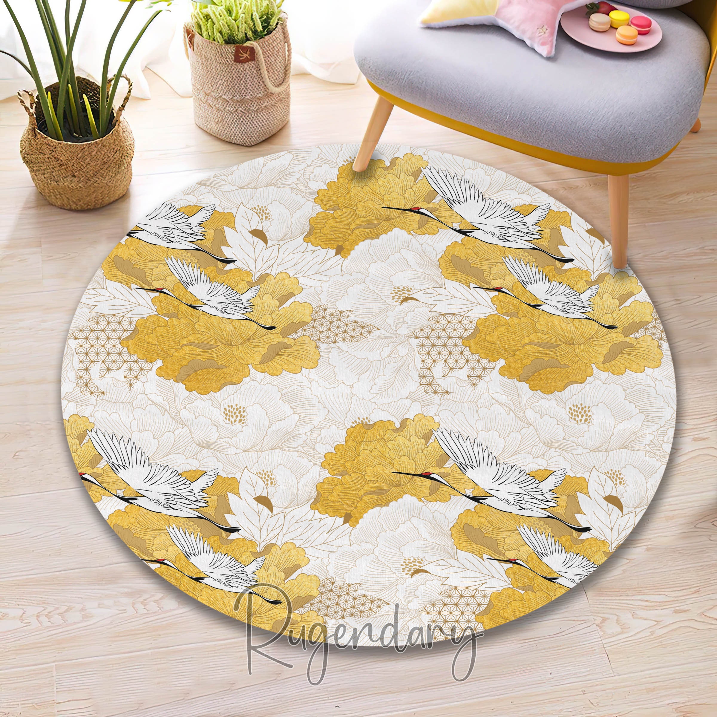 Gold Texture Rug Crane Birds Peony Flower Rug Chinese Home - Etsy