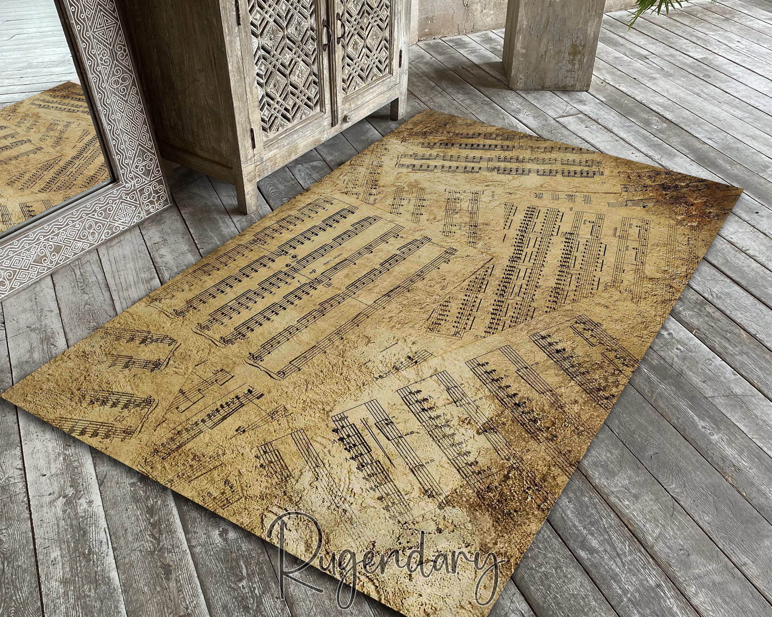 Retro Style Music Rug, Musical Notes Carpet, Music Room Mat, Musician ...