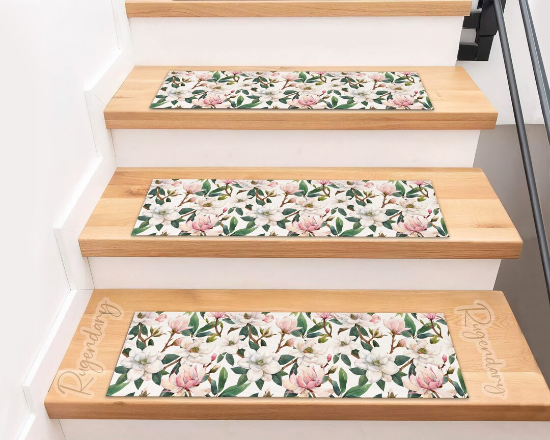 White and Pink Color Magnolia Flower Pattern Stair Rug, Floral Stair ...