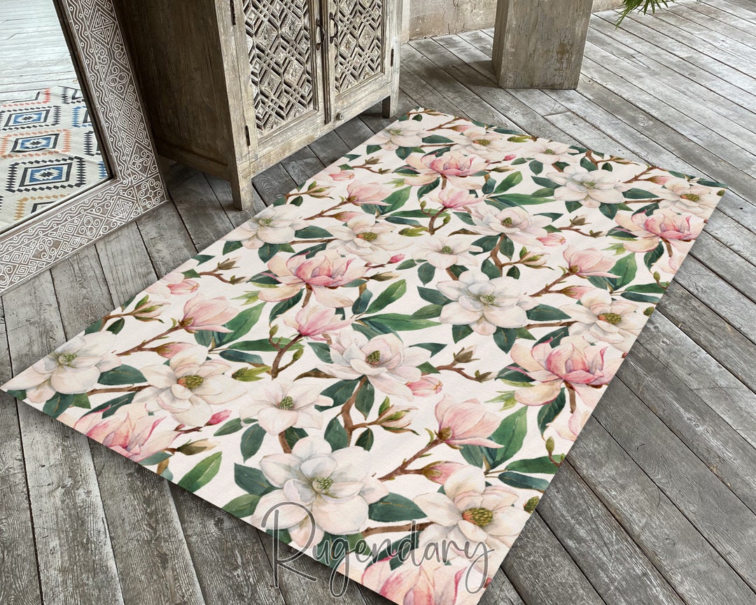 Pink and White Magnolia Flowers Patterned Kitchen Rug, Floral Carpet ...