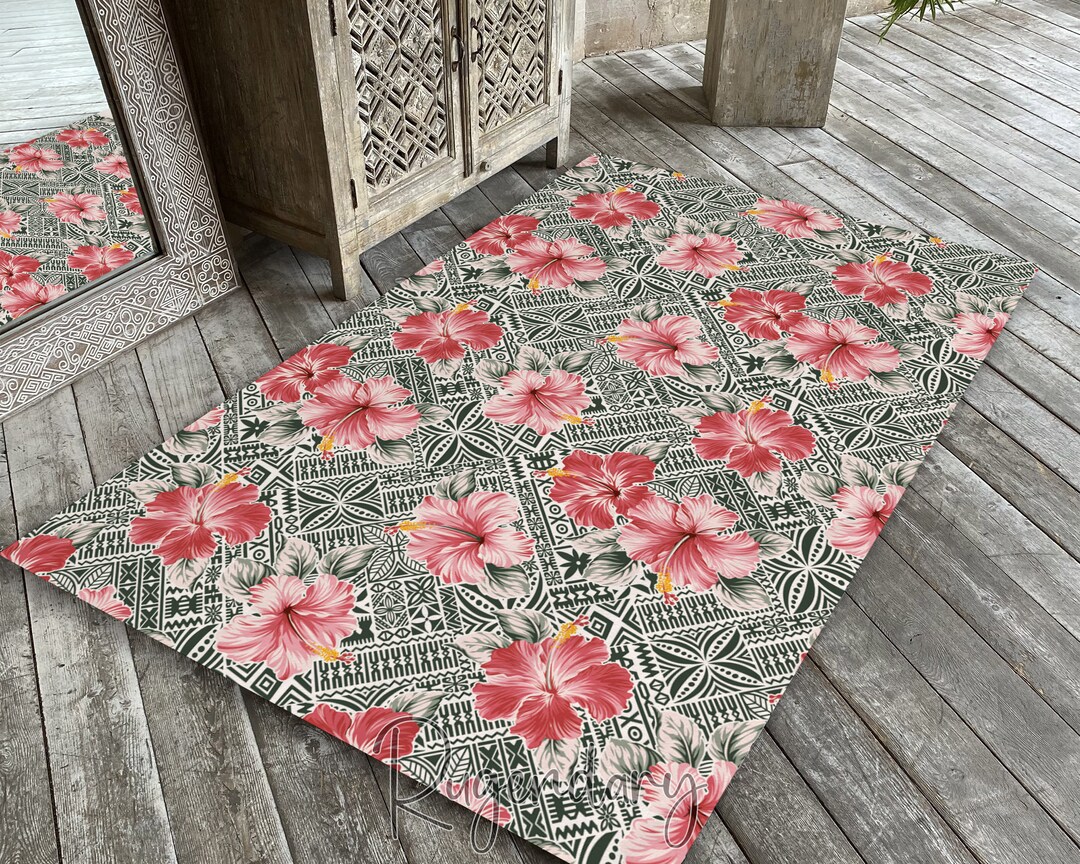 Pink Hibiscus Flower Rug, Hawaiian Tribal Decor, Hawaiian Carpet ...