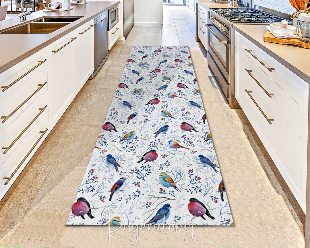 Birds and Leaves Themed Blue and White Color Kitchen Runner Rug ...
