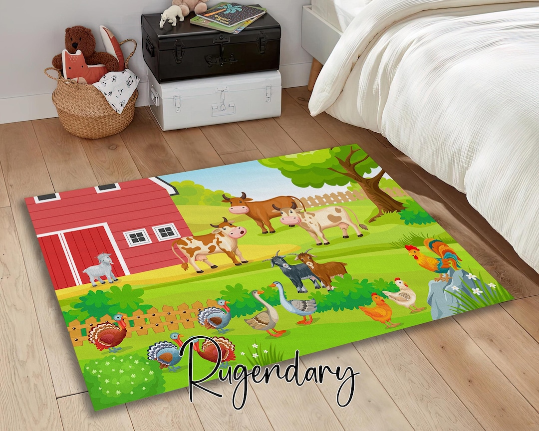Farm Rug, Colorful Nursery Carpet, Kids Room Mat, Animal Themed Rug ...