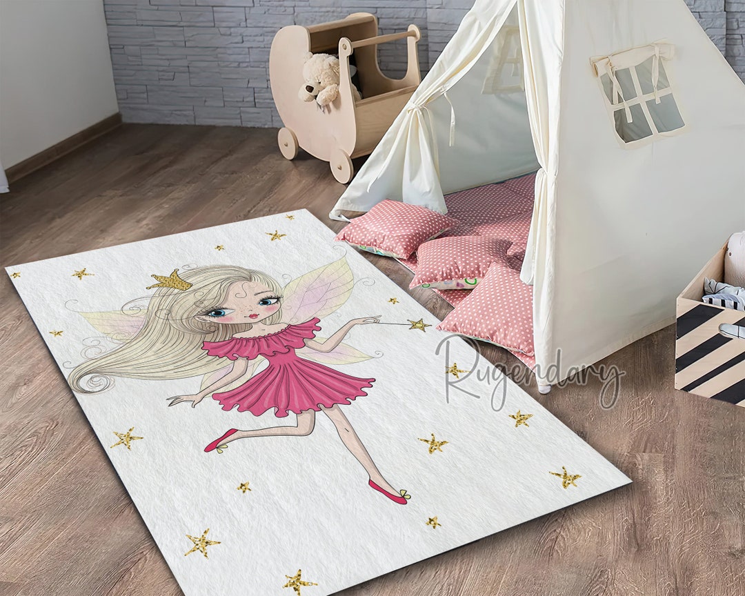 Fairy Princess Themed Girl Room Pink Rug, Star Printed Beautiful Girl ...