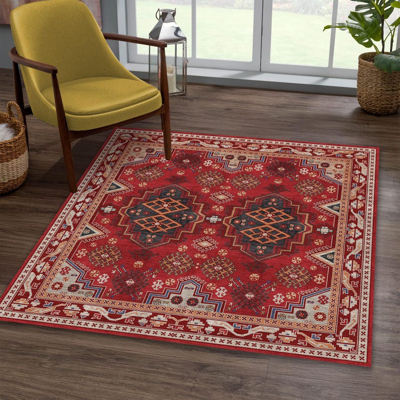 Tribal Red Square Rug Rustic Oriental Carpet - Etsy Canada