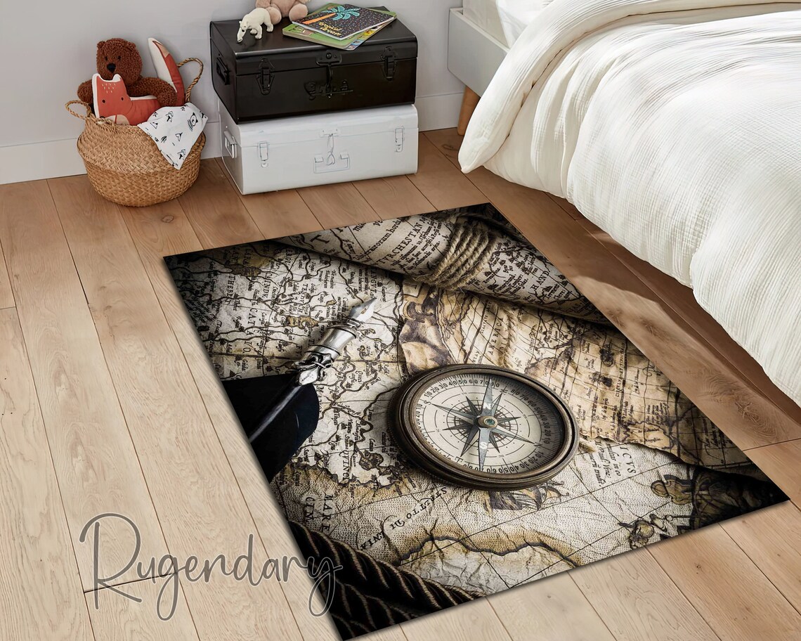 Retro Style Compass Rug, Pirate Map Themed Carpet, Yacht Mat, World Map ...