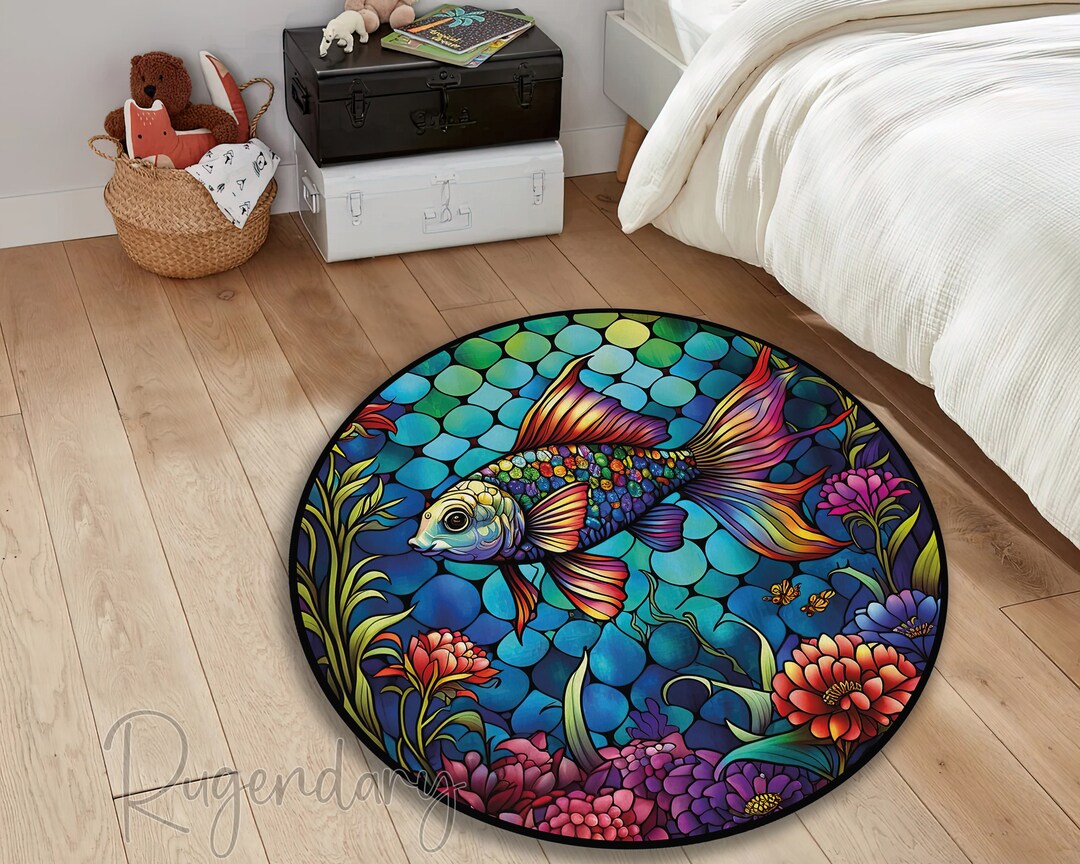 Colorful Cartoon Fish Rug, Aquarium Carpet, Nonslip Machine Washable ...