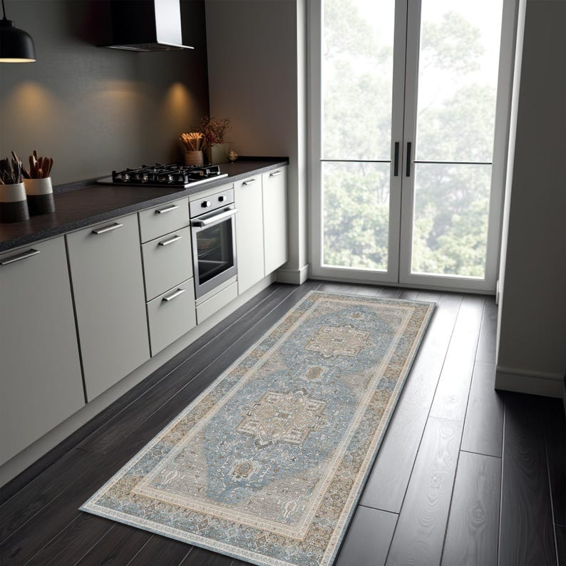 Farmhouse Neutral Runner Rug Brown Blue Bohemian Hallway Carpet - Etsy UK