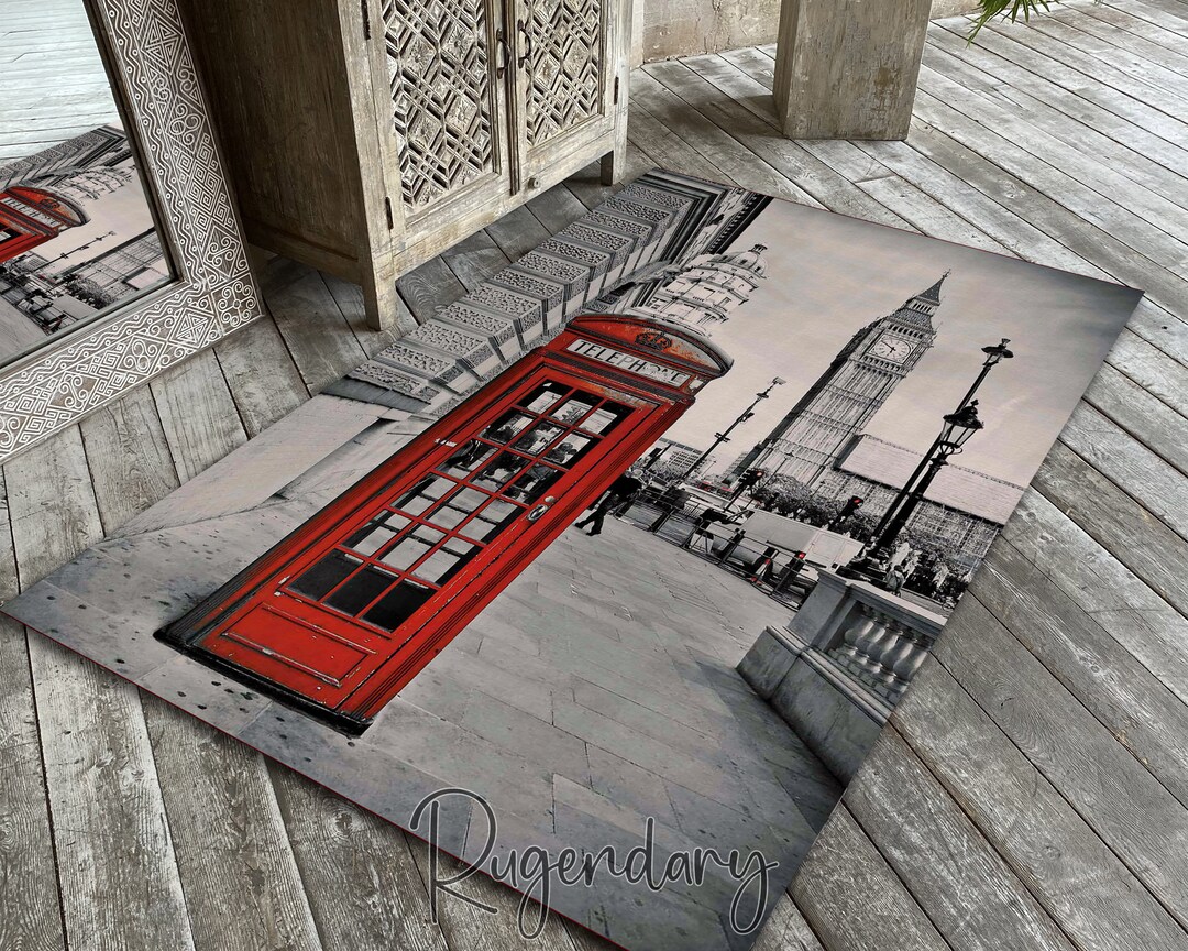 London City Themed Rug, Red Telephone Box Carpet, Living Room Decor ...