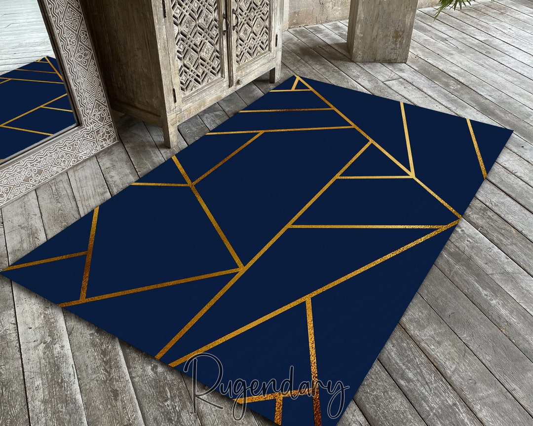Blue Color Line Art Rug, Gold Lines Carpet, Modern Living Room Mat ...